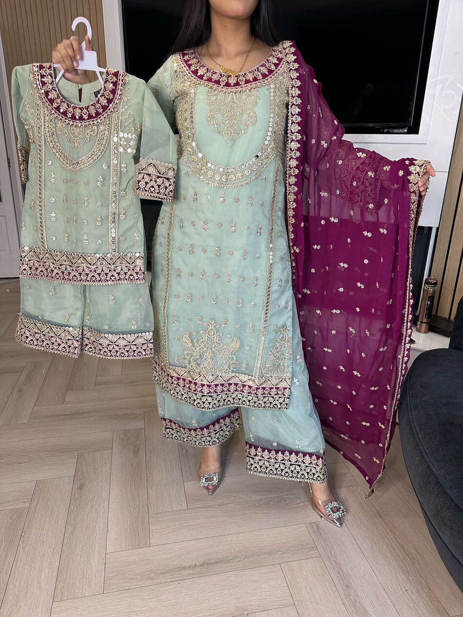 Lyba 3pc Mother & Daughter Organza Suit With Plazzo U3-G6 – Zee Boutique